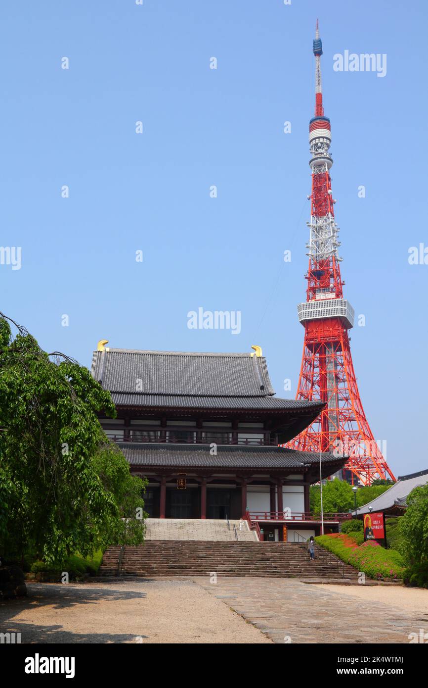 TOKYO, JAPAN - MAY 10, 2012: Tokyo Tower structure and Zojoji Temple in ...