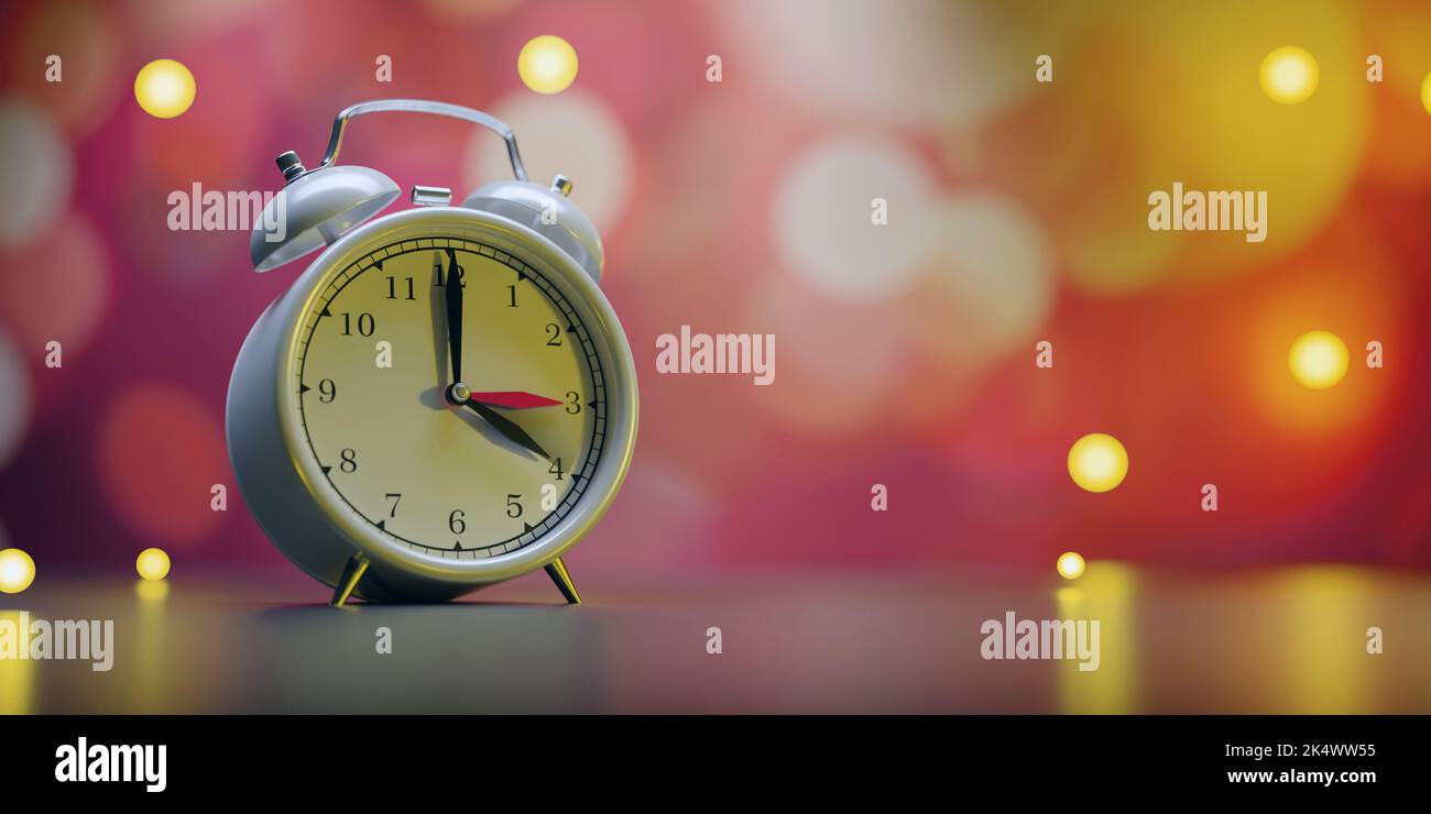 Fall Back Time. Daylight Saving End. Alarm clock and bokeh lights, one ...