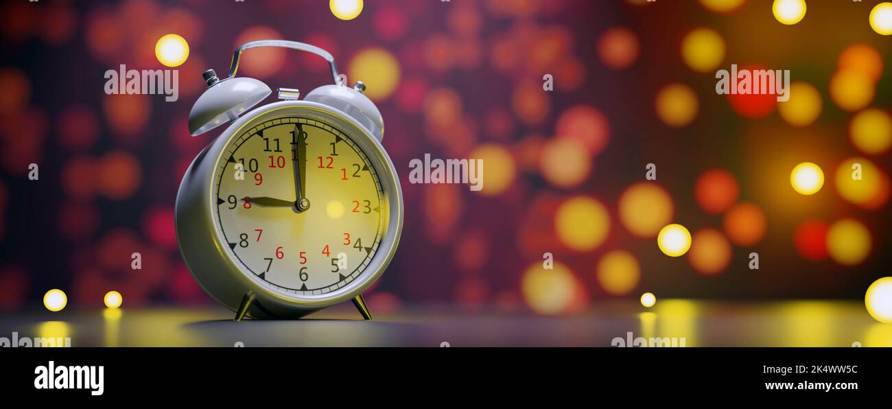 Fall Back Time. Daylight Saving End. Alarm clock and bokeh lights, one ...