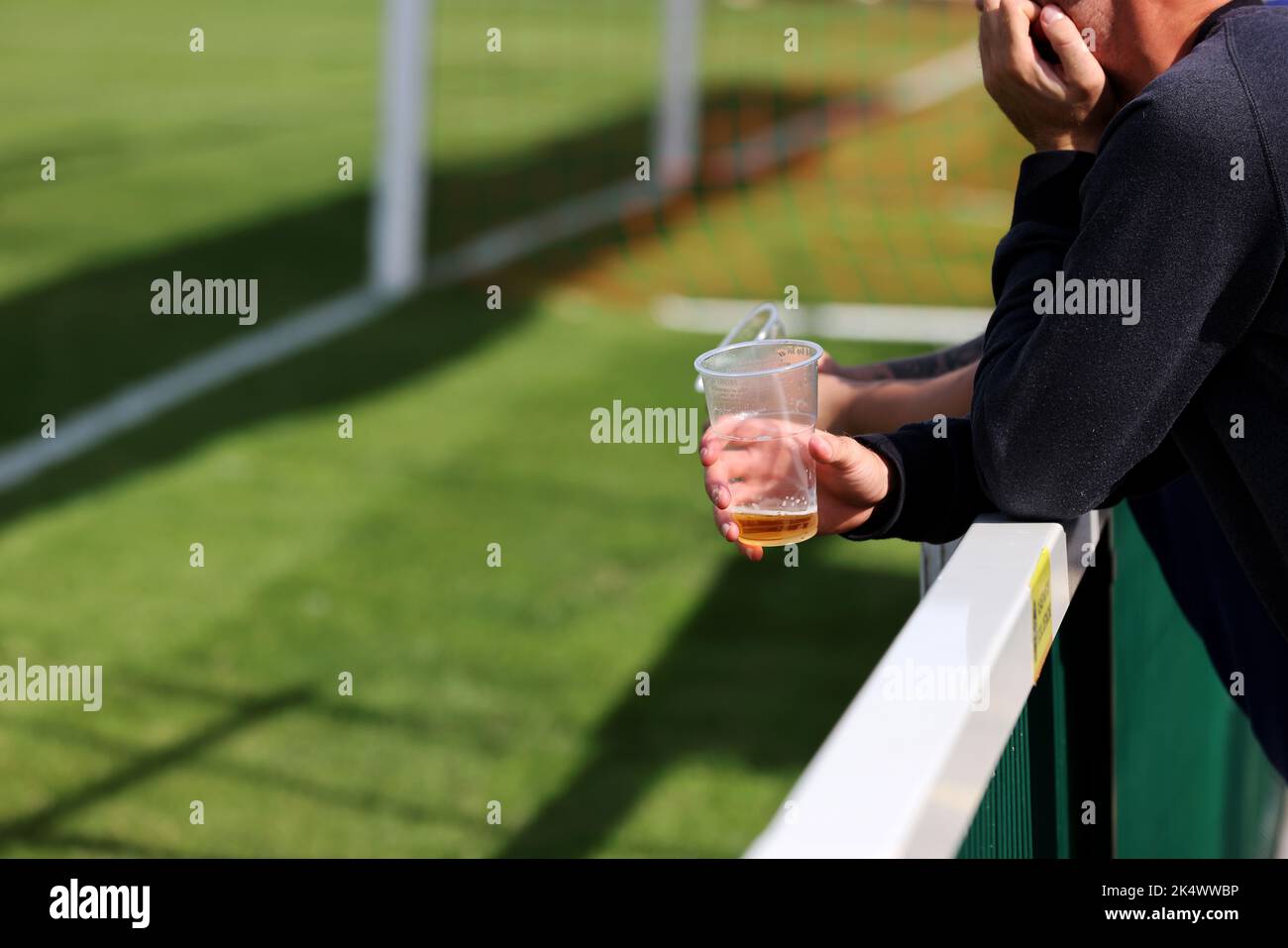 Men drinking beers at the football in West Sussex, UK Stock Photo - Alamy