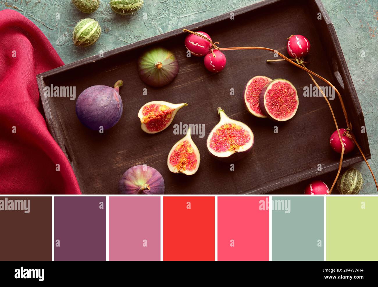 Seasonal Autumn, Fall color matching palette. Fresh halved fig fruits ...