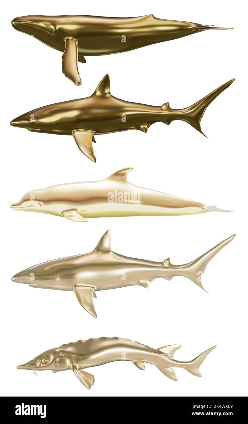 Metal, metallic, gold fish collection, set on white background Stock ...