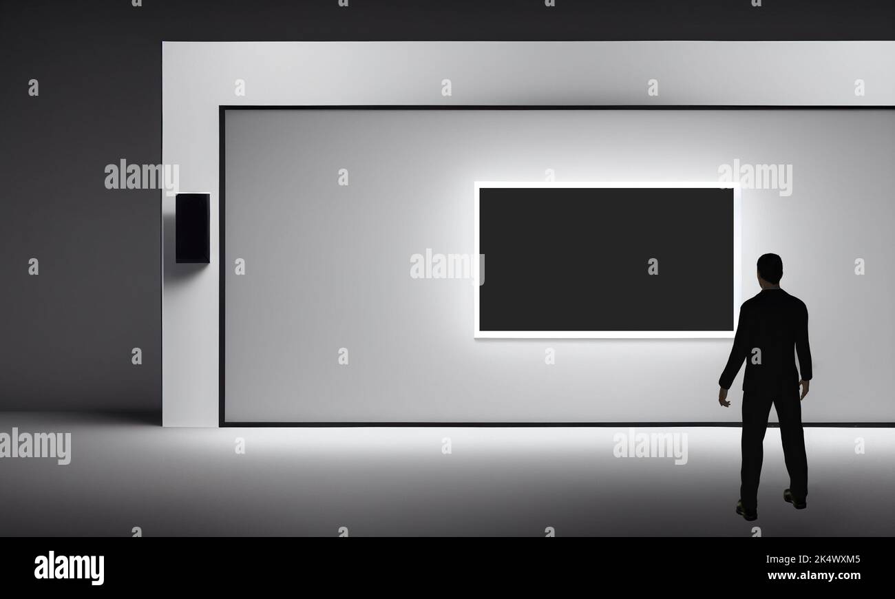 Businessman watching frame in gallery. Abstract interior blank wall ...