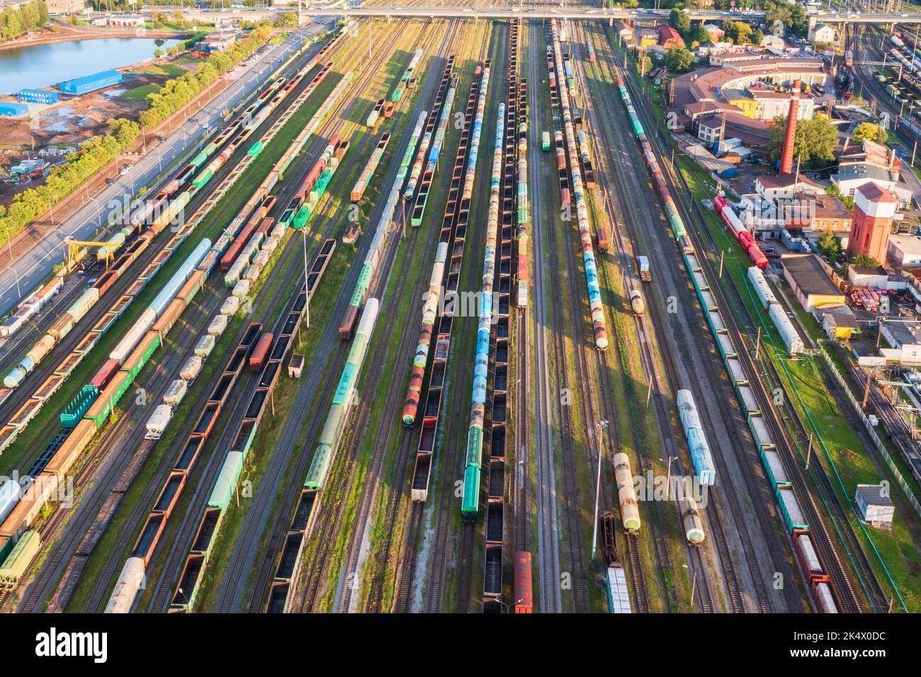 Trains from above. Aerial Top view to railway cylindrical tank shipping ...