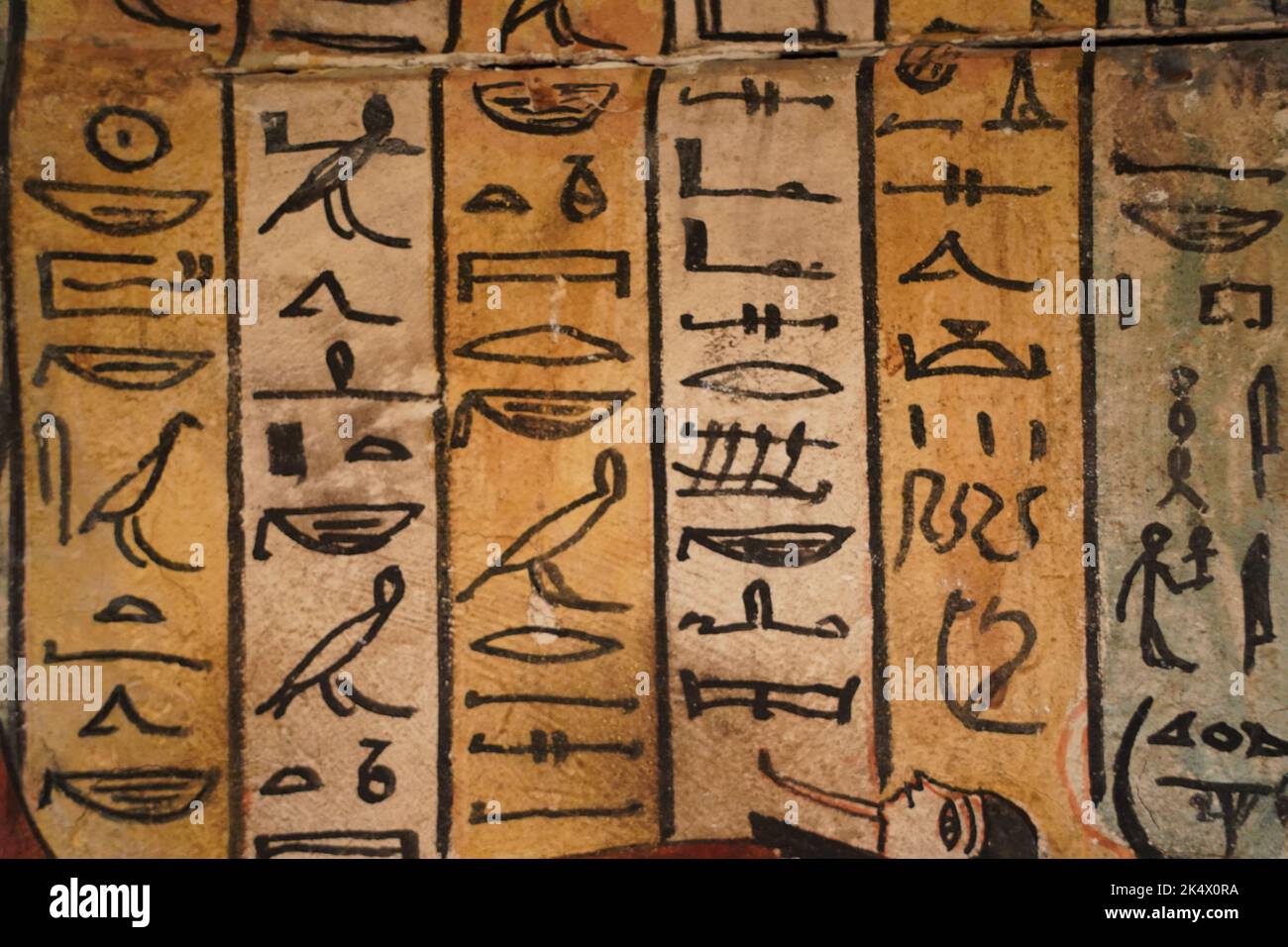 egyptian wooden sarcophagus hieroglyphs detail close up Stock Photo - Alamy