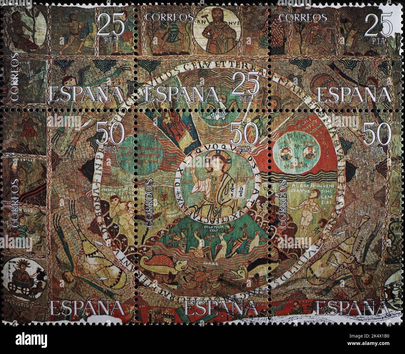 The medieval tapestry of creation of Girona on postage stamps Stock ...
