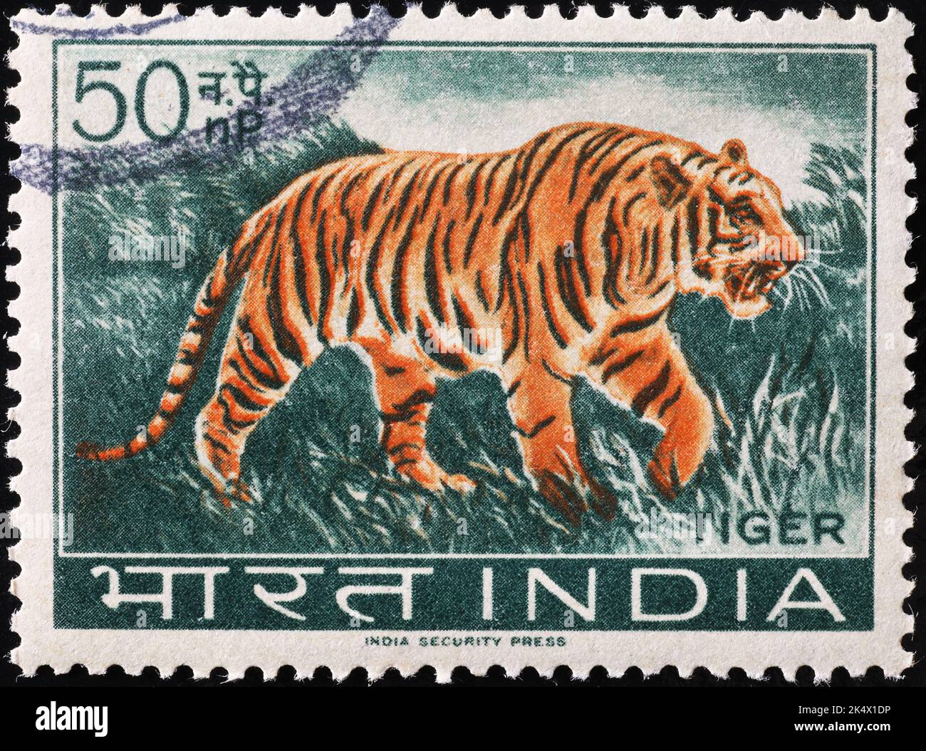 Tiger on old indian stamp Stock Photo - Alamy