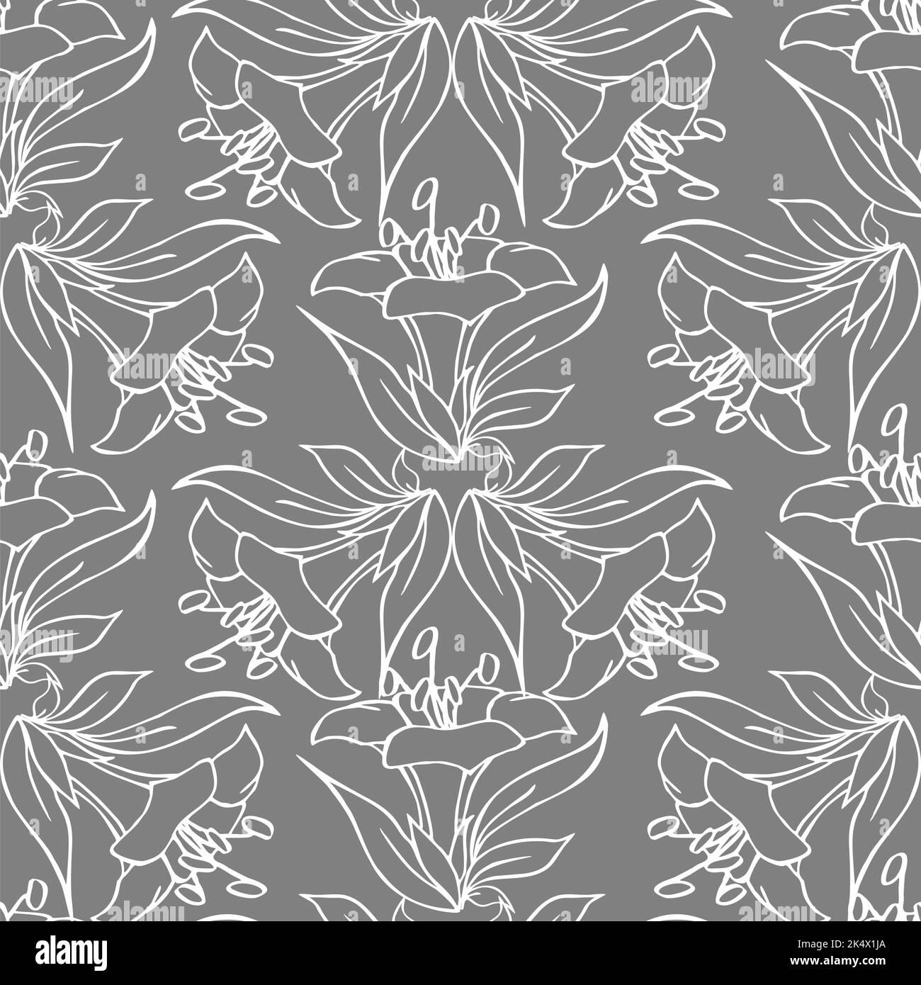 seamless contour pattern of large white graphic flowers on a gray ...