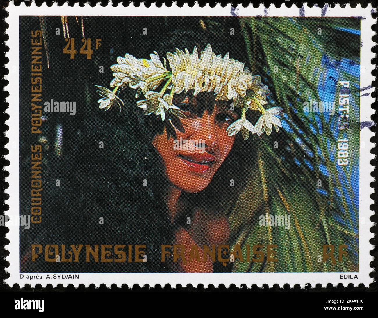Young woman adorned by white flowers on polynesian stamp Stock Photo - Alamy