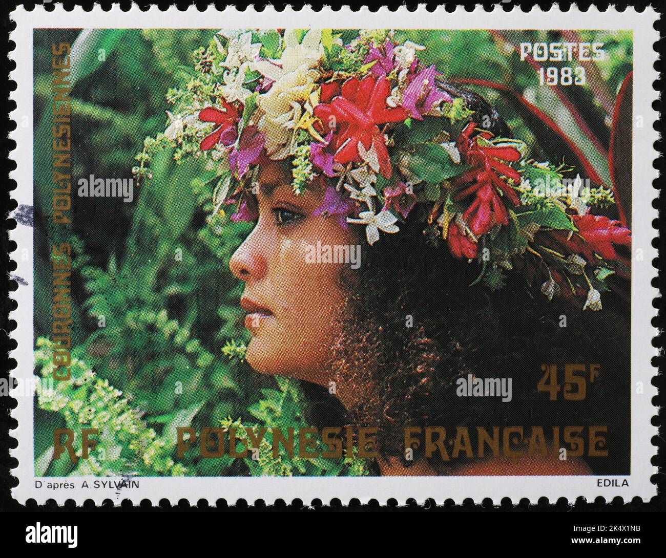 Young woman adorned by flowers on polynesian stamp Stock Photo - Alamy