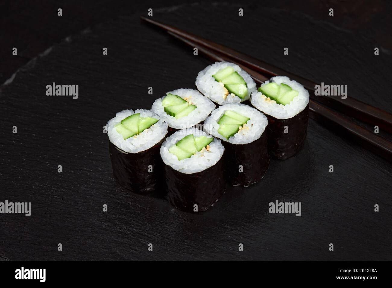 Sushi Maki rolls cucumber. Fresh hosomaki pieces with rice and nori ...