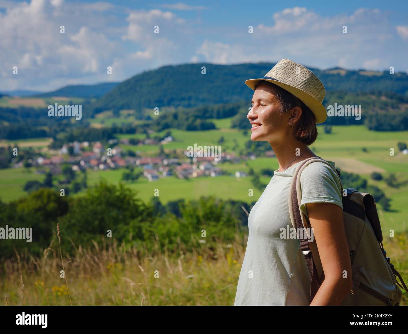 travel to summer Europe young asian woman. observation point above the ...