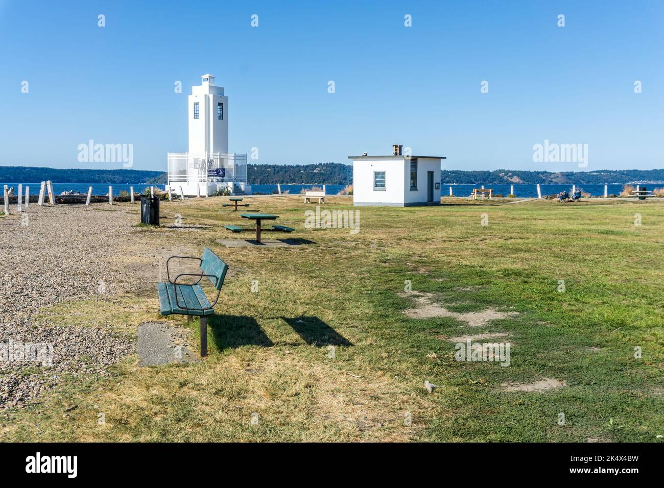 The lighthouse near the water at Brown's Point, Washington Stock Photo ...