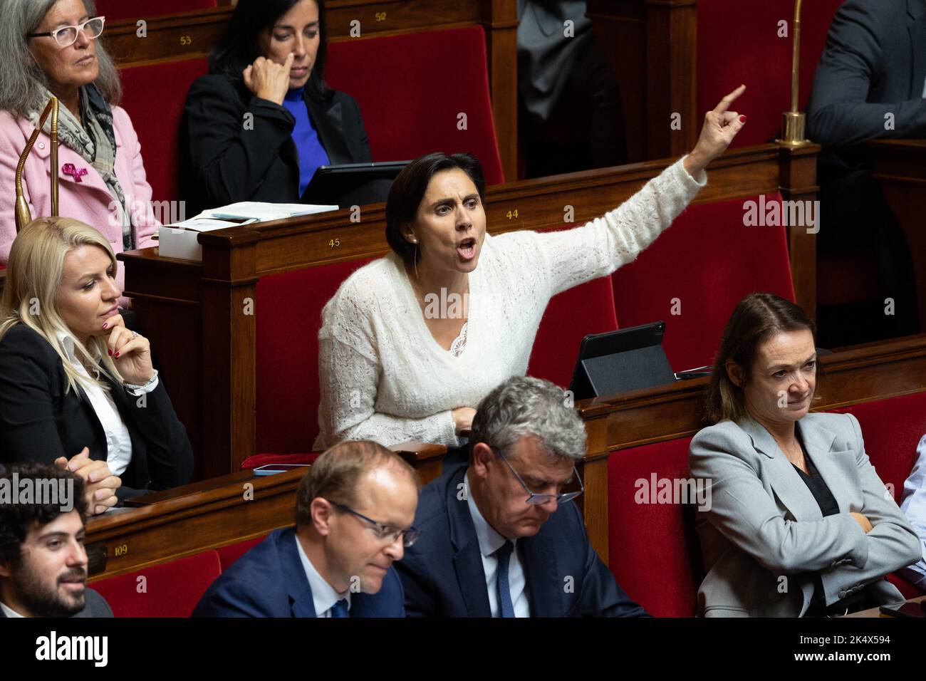 RN deputy Laure Lavalette reacts during a session of questions to the ...