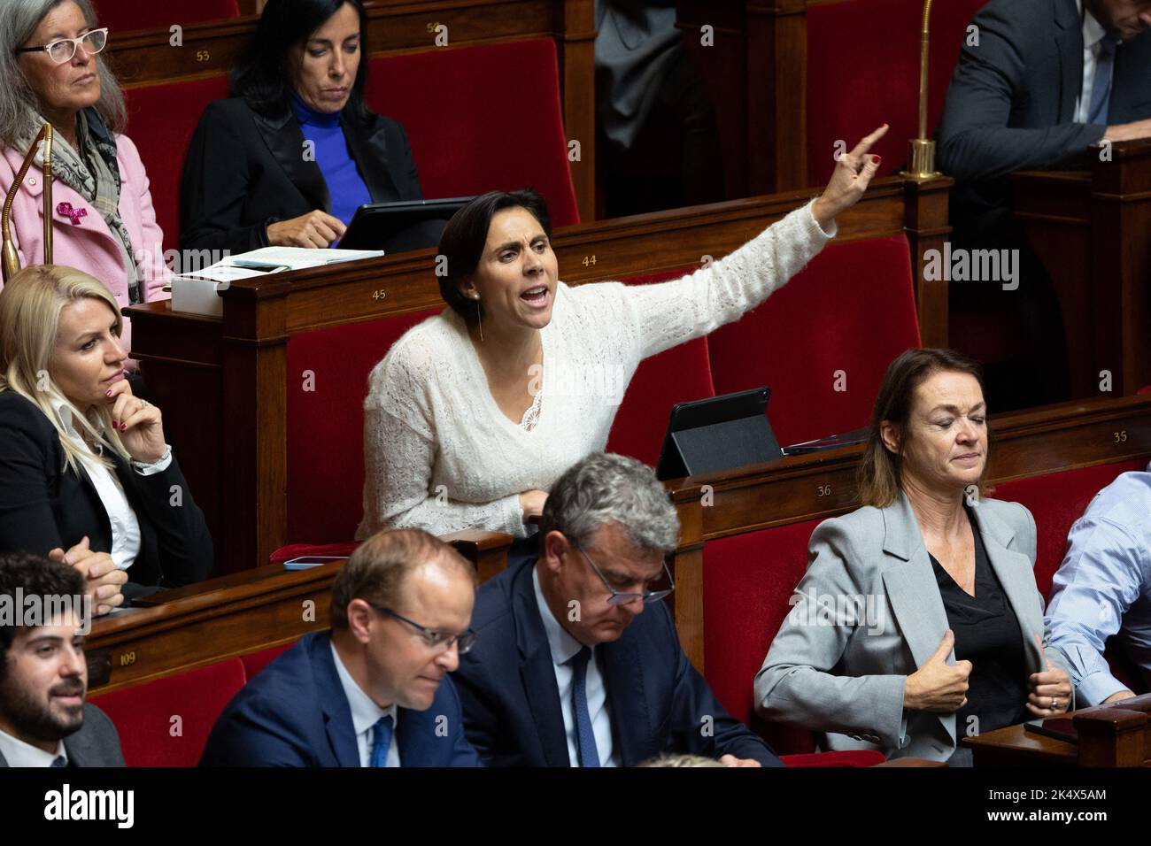 RN deputy Laure Lavalette reacts during a session of questions to the ...