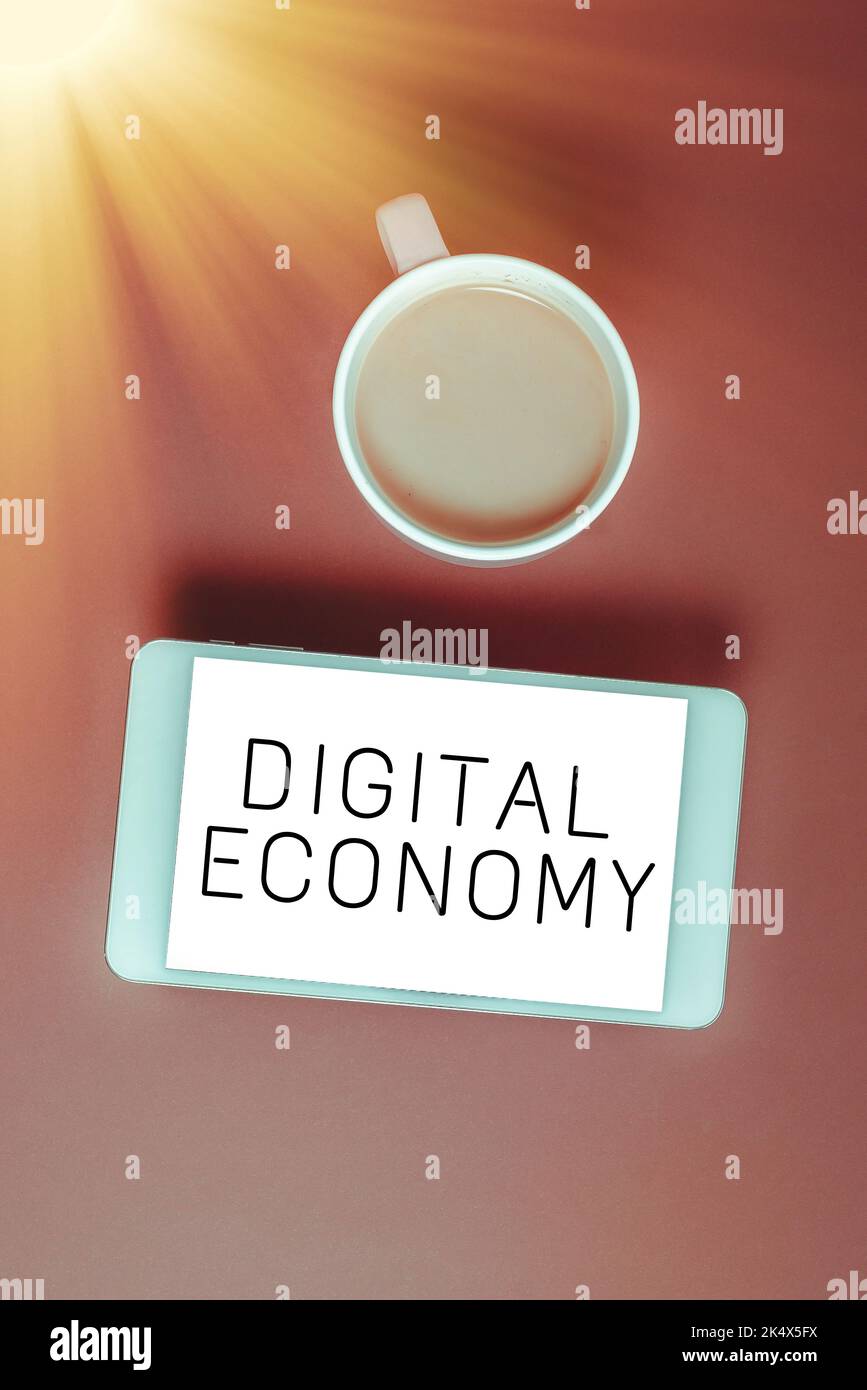 Conceptual caption Digital Economy. Business overview advancement of ...
