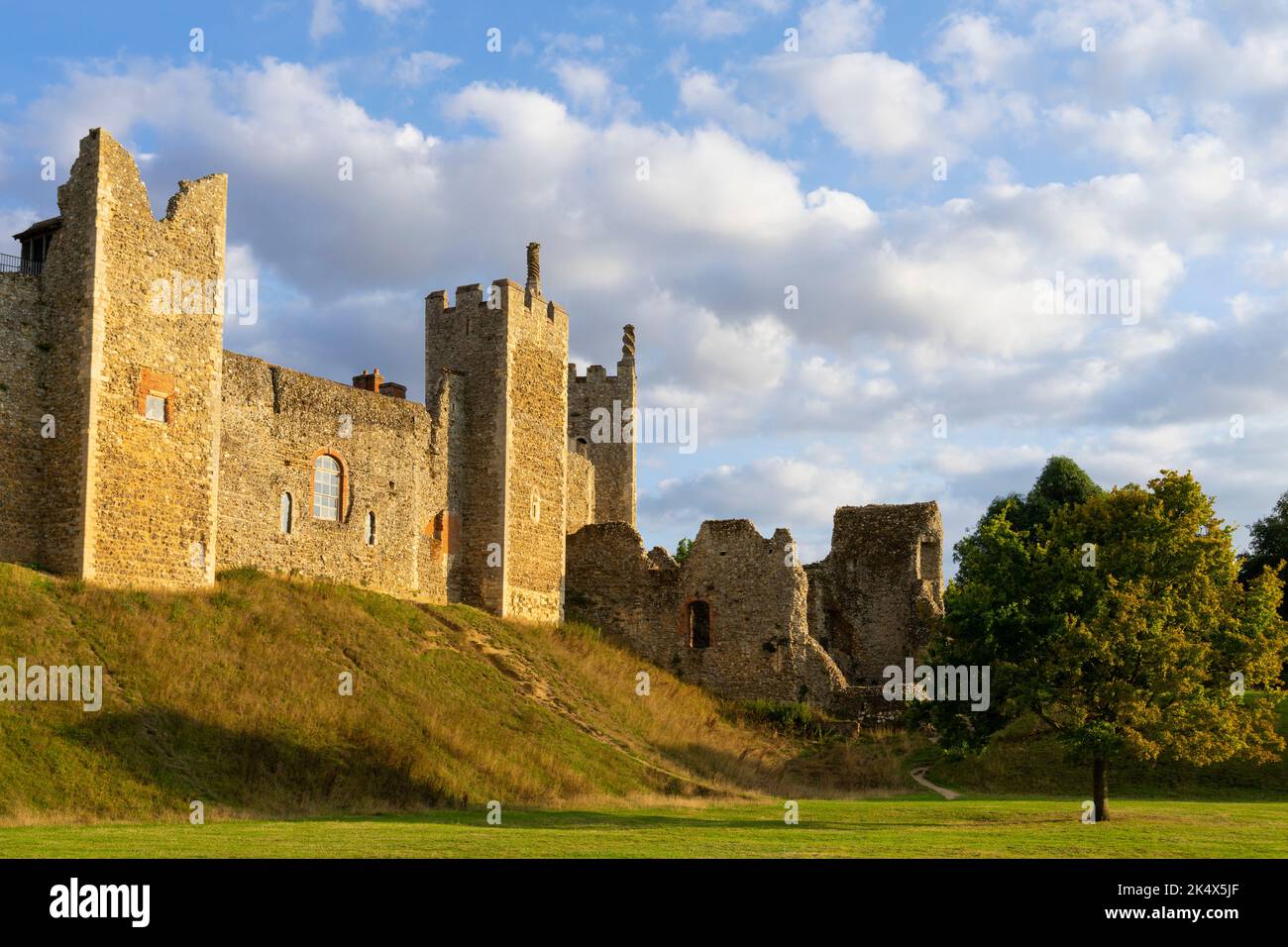 Evening light on Framlingham castle walls, curtain wall and ramparts ...