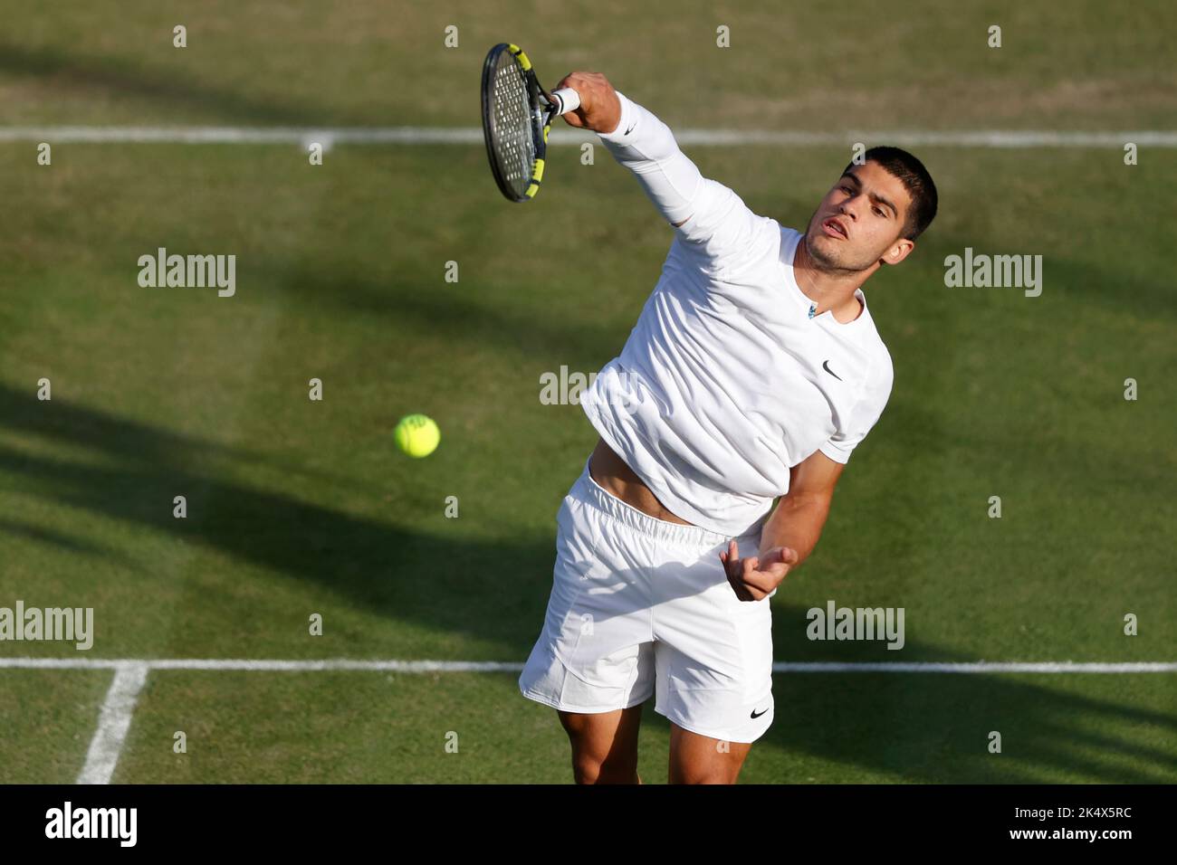 Spanish tennis player Carlos Alcaraz playing overhead smash during ...