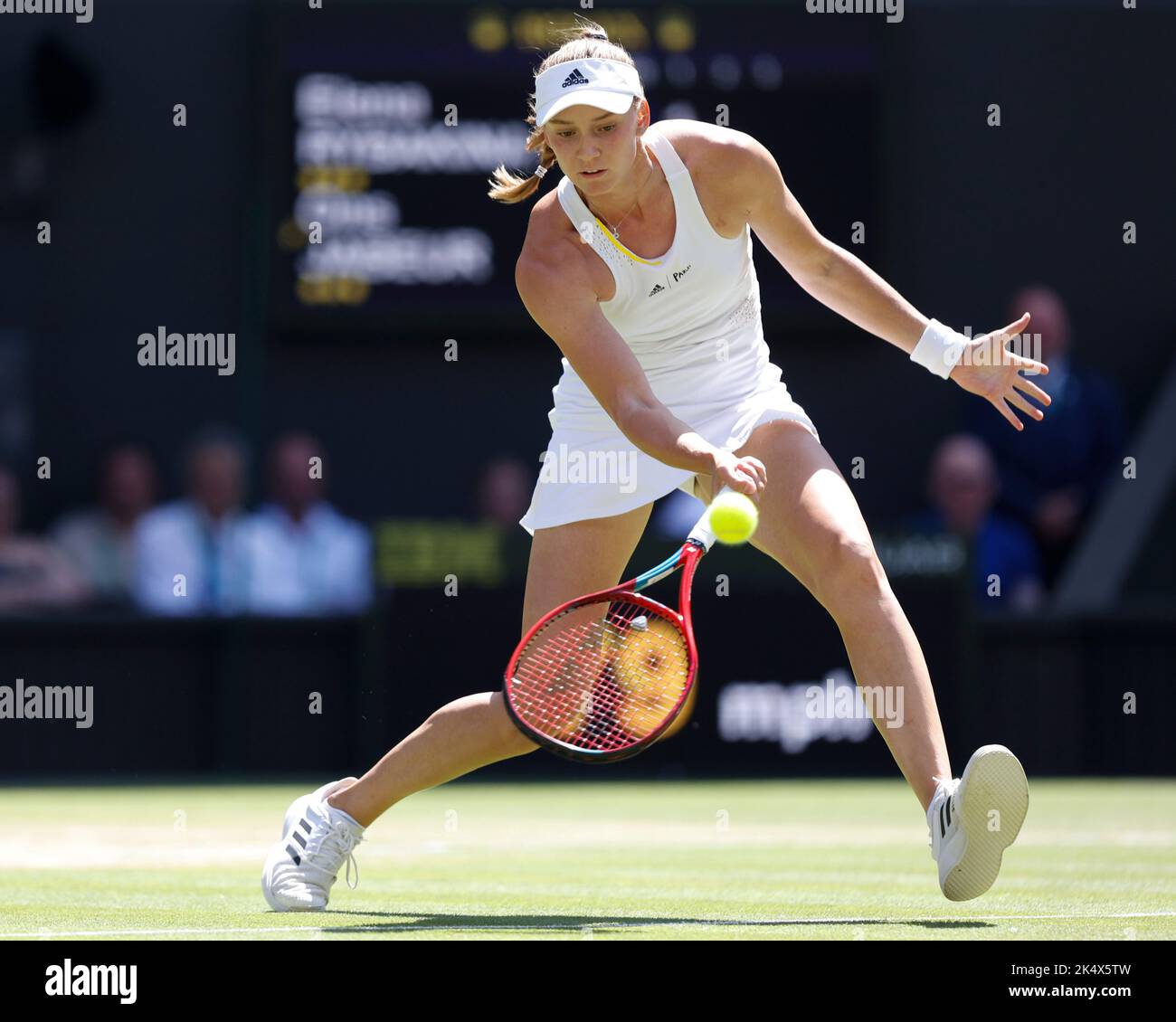 Kazakh tennis player Elena Rybakina playing a forehand at the Wimbledon ...