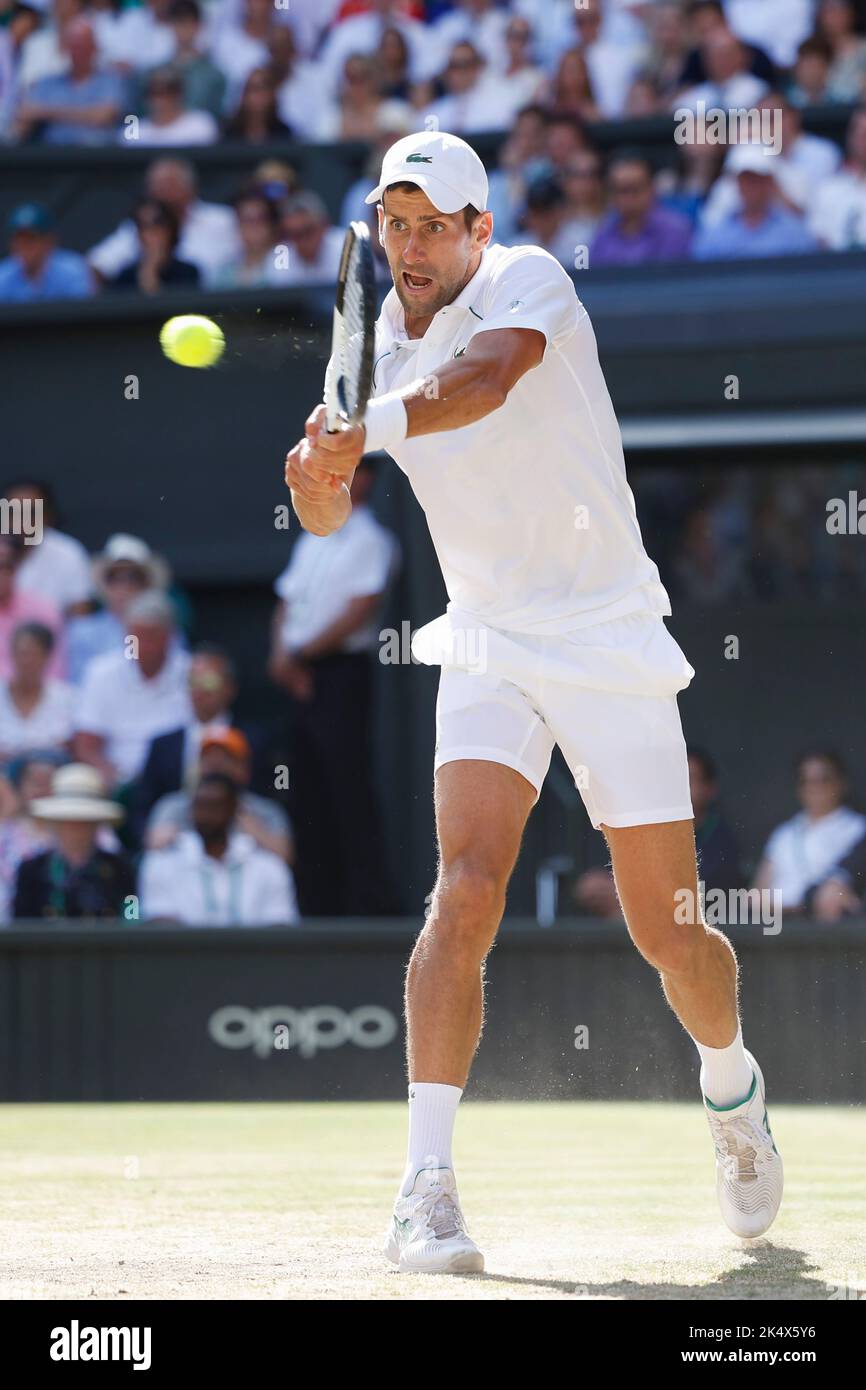 Serbian tennis player Novak Djokovic playing backhand shot during 202 ...