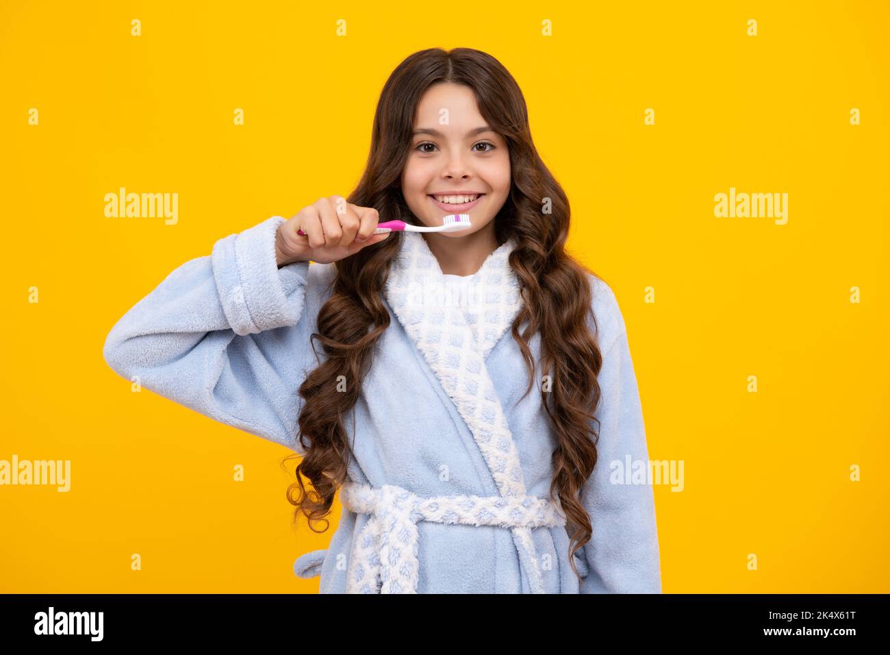 Morning brushing teeth. Teen girl hold toothbrush, childhood happiness ...