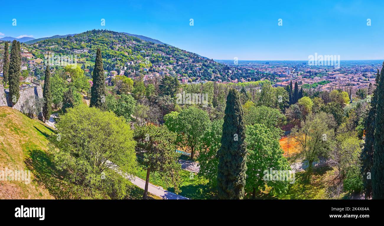 Panorama with lush garden in front of Monte Santa Croce of Garda ...