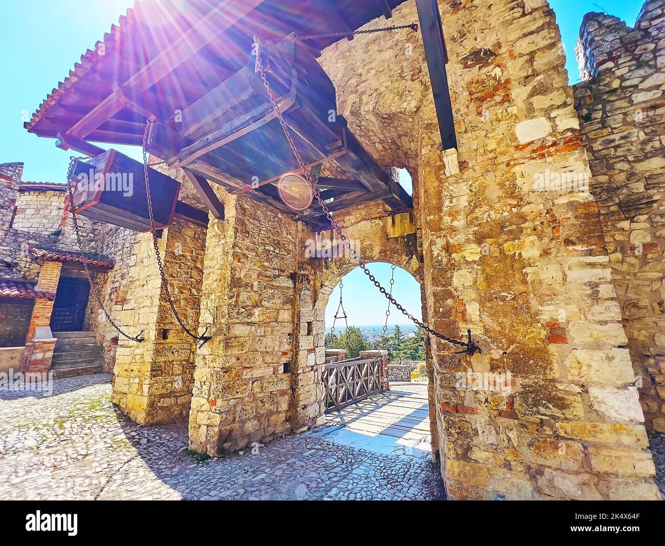 Historic Brescia Castle with stone court, massive gate with timber ...
