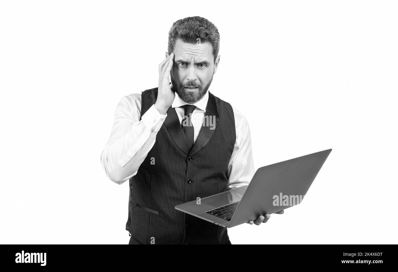 confused businessman working on pc isolated on white background ...