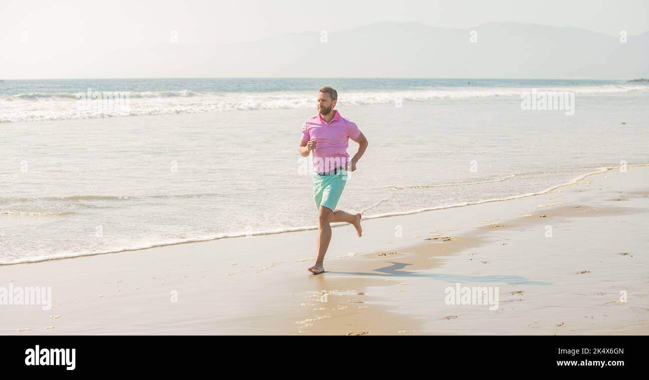 healthy man running on beach. energetic summer. runner feel freedom ...