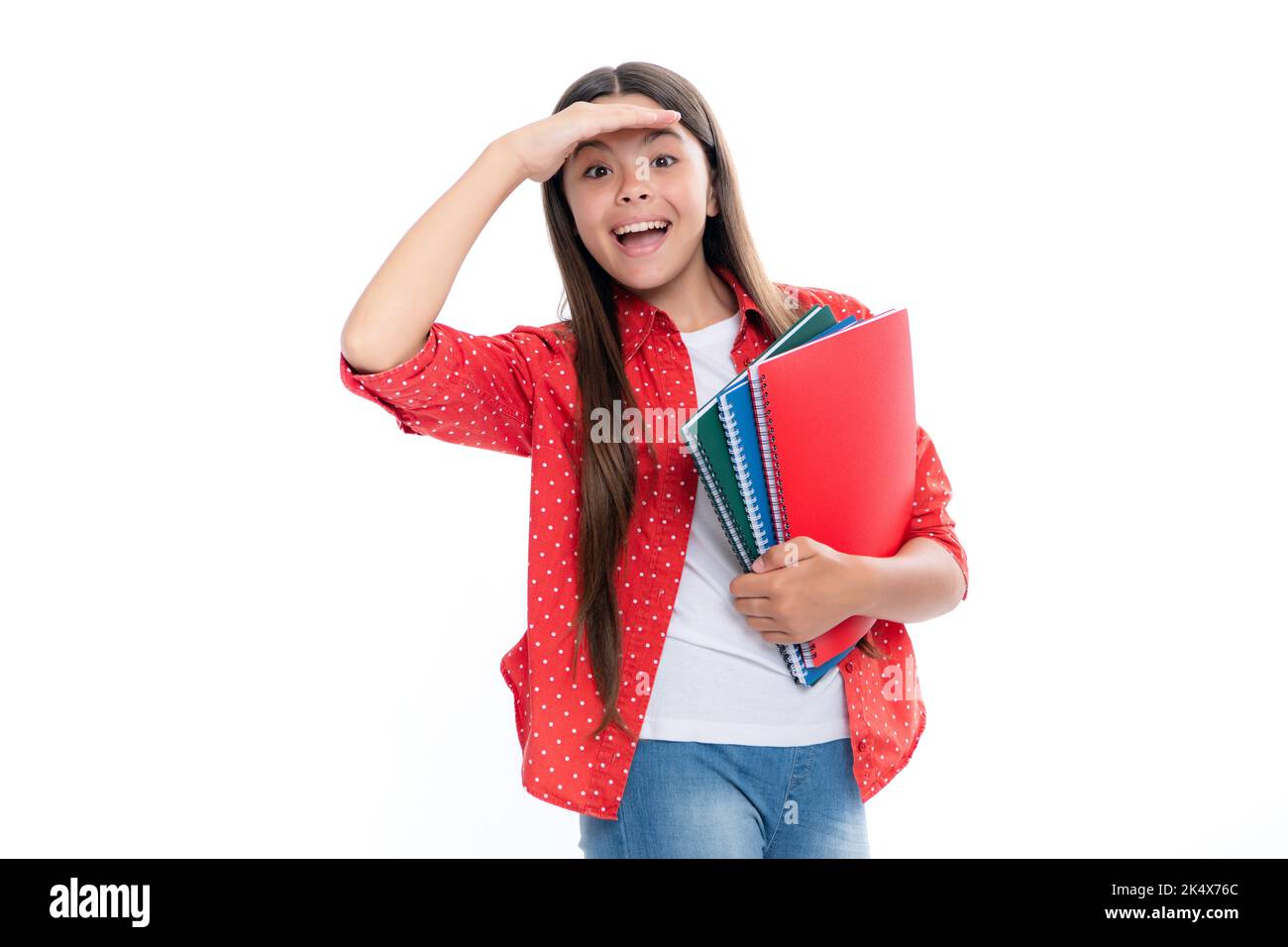 Schoolgirl with copy book posing on isolated background. Literature ...