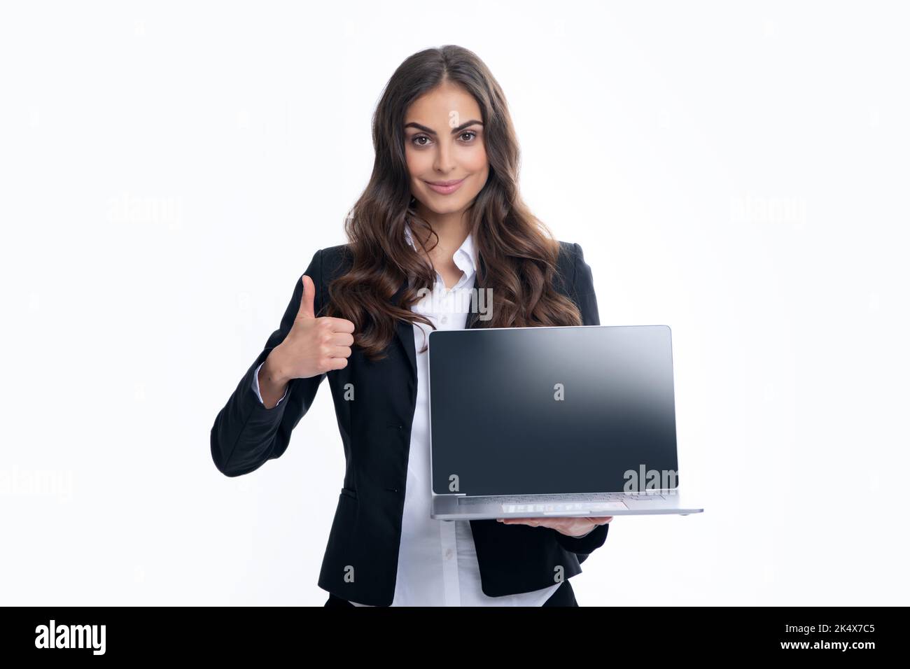 Portrait of positive cheerful ceo expert business woman work at laptop ...