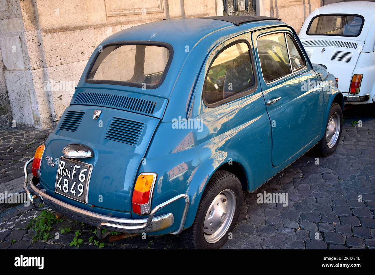 Old blue Fiat 500 car on the street. Rome, Italy 12 October 2019 Stock ...