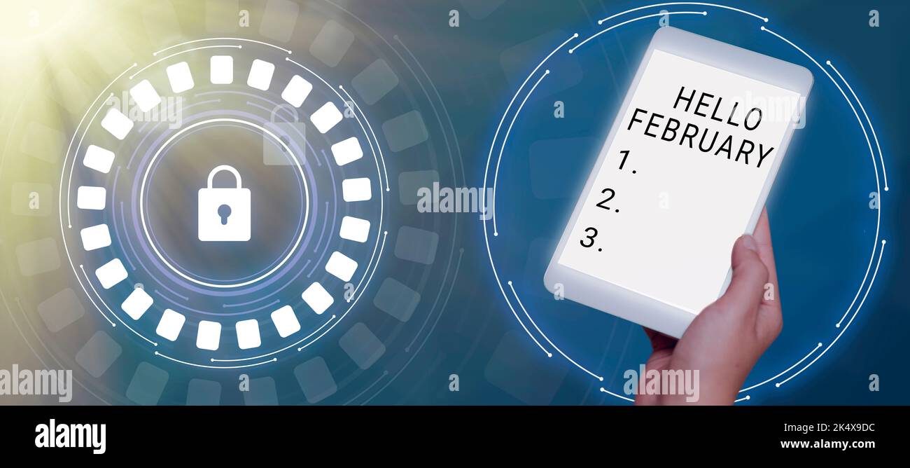 Text caption presenting Hello February. Business overview greeting used ...