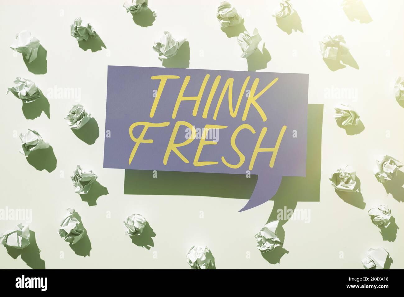 Hand writing sign Think Fresh. Business overview a new perspective of thinking when producing ...