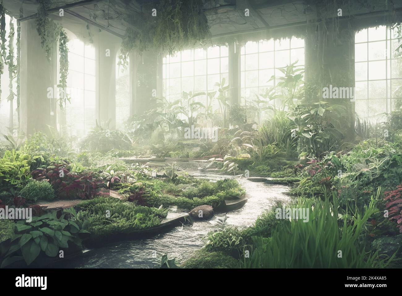 Beautiful indoor garden filled with plants and waterways background. 3d ...