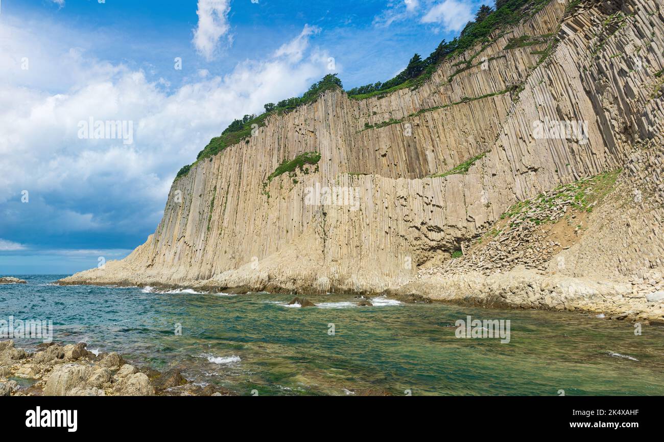 coast of Kunashir Island with columnar basalt cliff, Cape Stolbchaty ...