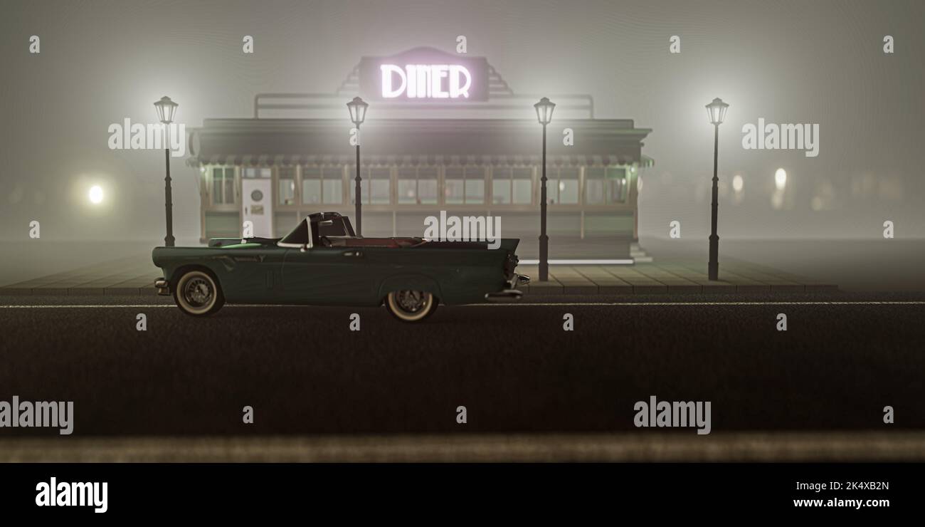old diner building night scene 3d illustration Stock Photo - Alamy