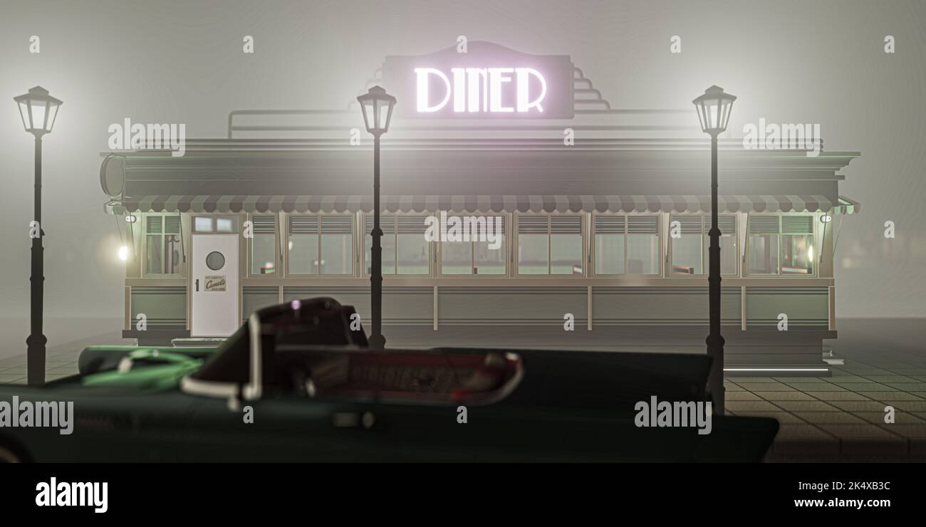 old diner building night scene 3d illustration Stock Photo - Alamy