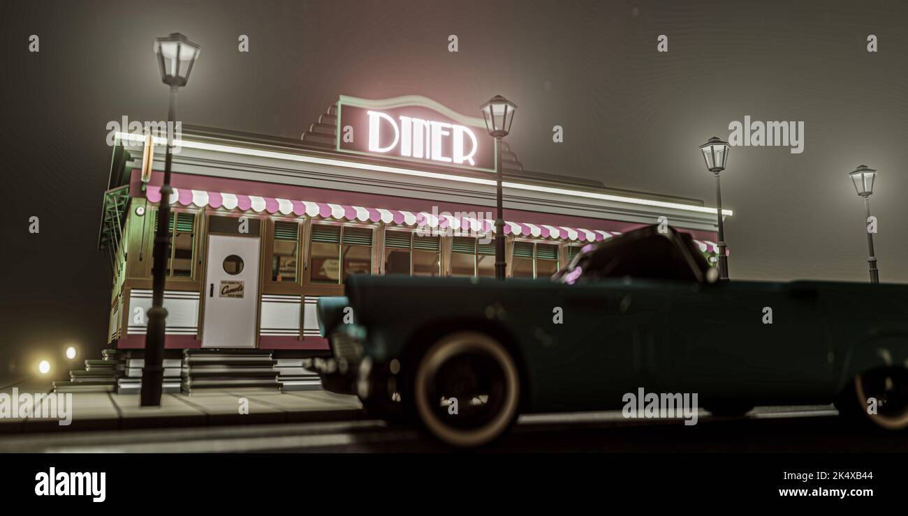 old diner building night scene 3d illustration Stock Photo - Alamy