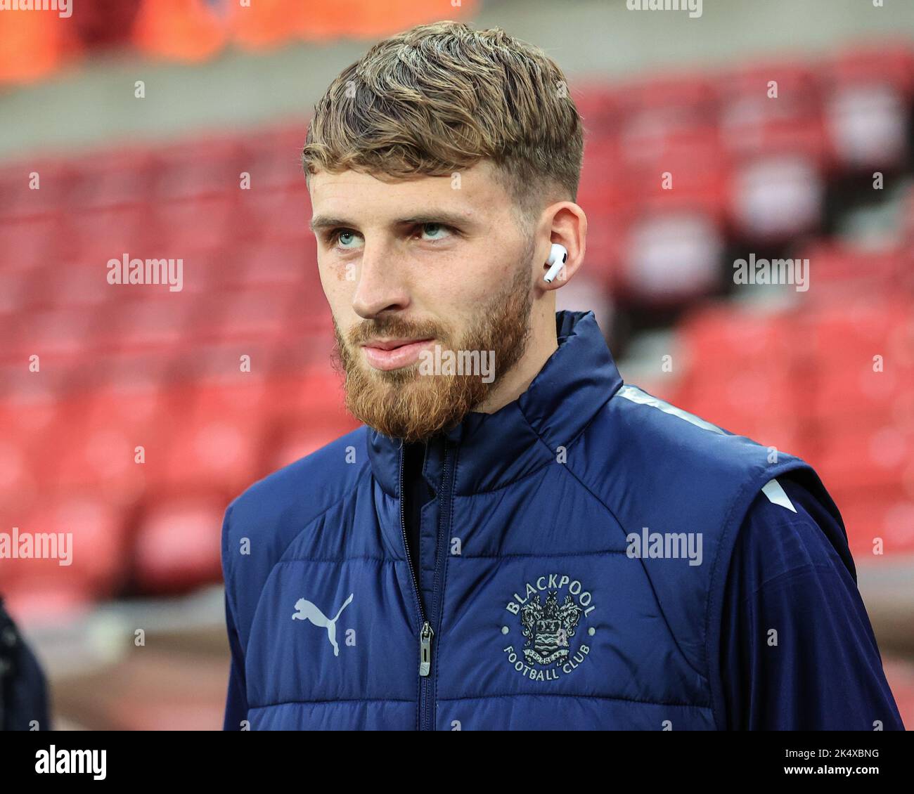 Daniel Grimshaw #32 of Blackpool arrives at the Stadium of Light before ...