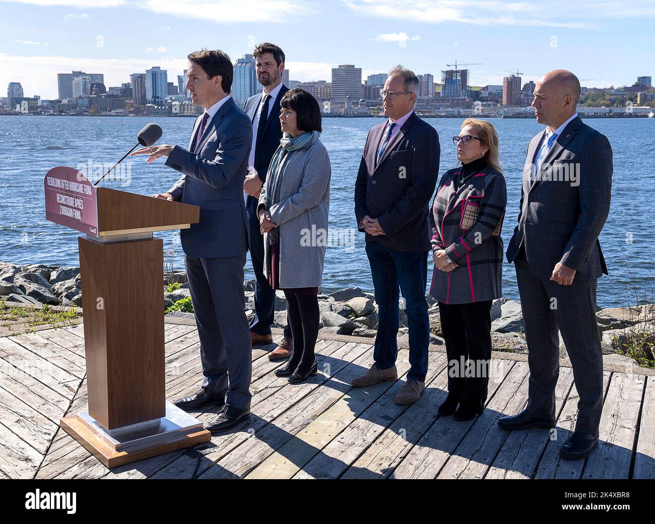 Prime Minister Justin Trudeau, accompanied by regional MPs Sean Fraser ...