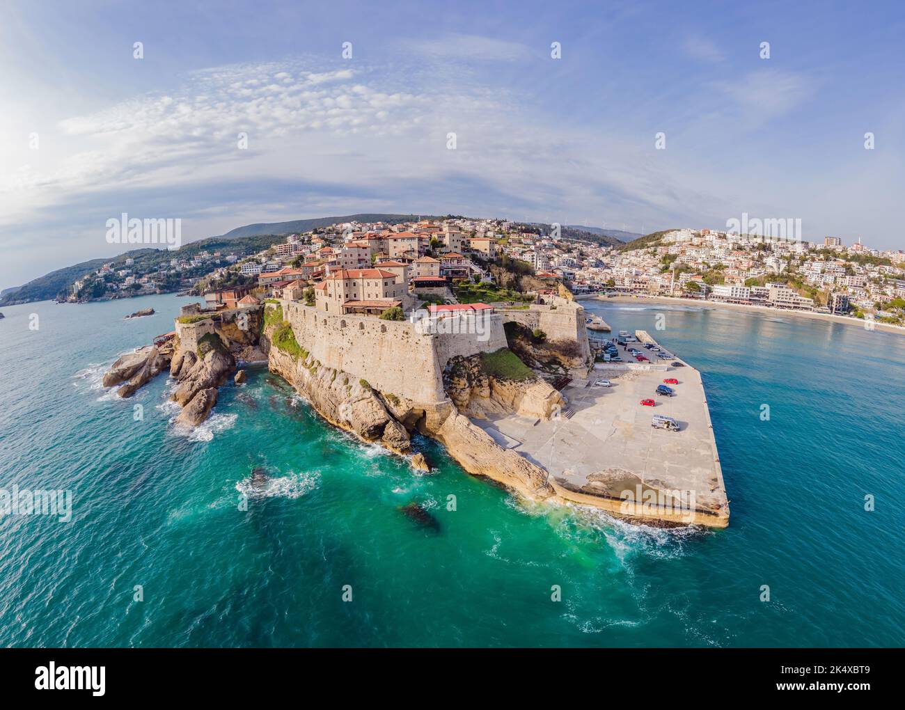 Amazing view on Ulcinj town in Montenegro. Clock Tower of Ulcinj Sahat Kulla. Lami Mosque ...