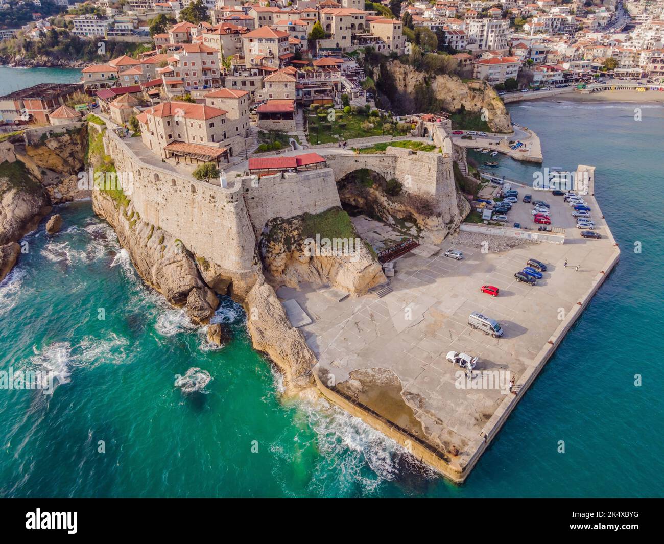Amazing view on Ulcinj town in Montenegro. Clock Tower of Ulcinj Sahat Kulla. Lami Mosque ...