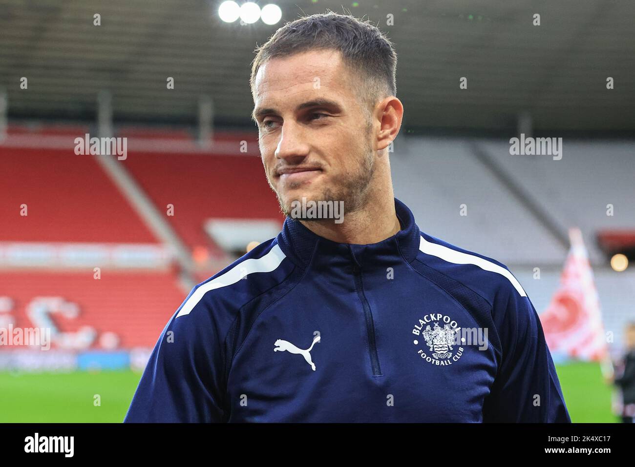 Jerry Yates #9 of Blackpool arrives at the Stadium of Light before the ...