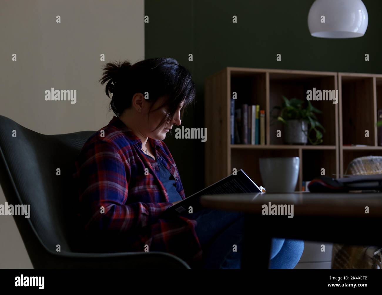 Brunette woman relax with book in stylish armchair at table in home ...
