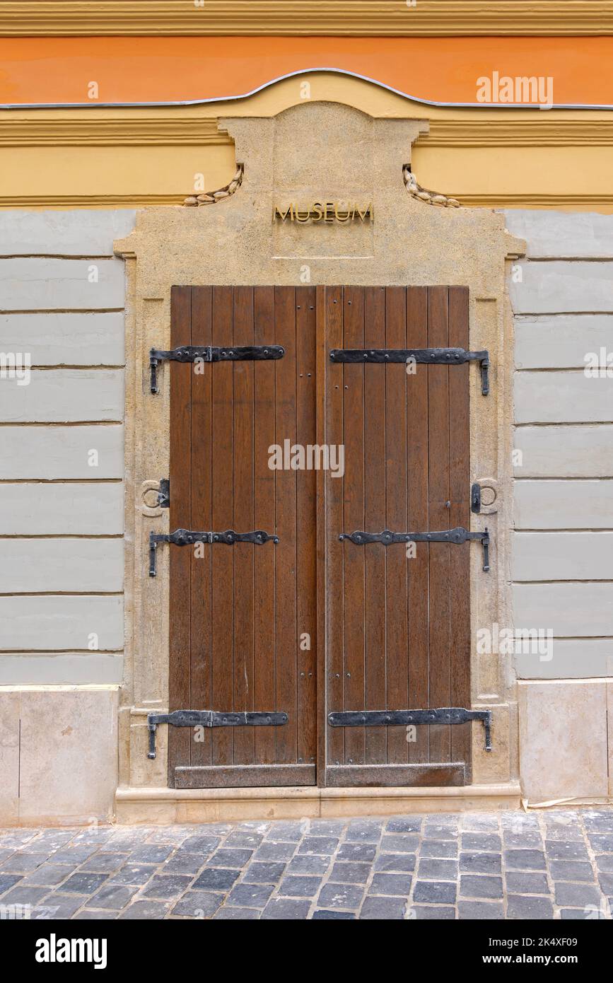 Brown Wood Museum Doors Temporary Closed Street View Stock Photo - Alamy