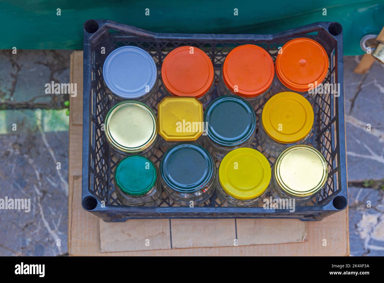 Food Preparation Mason Jars With Lids in Crate Top View Stock Photo - Alamy