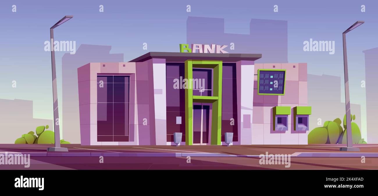 Modern bank building, financial branch on city street. Summer urban landscape with bank office ...
