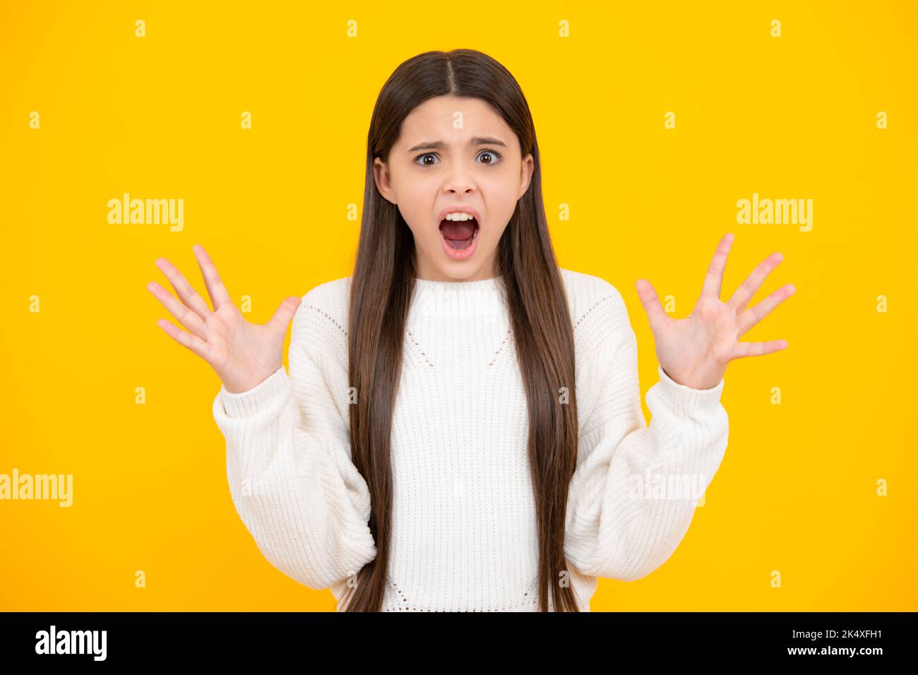 Scream and shout child. Angry teenage girl, upset and unhappy negative ...