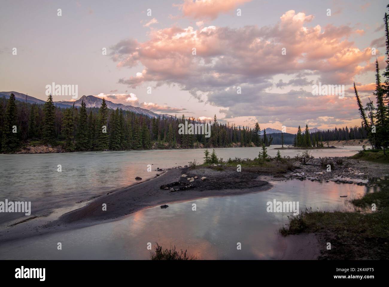 Sunset on the Athabasca river in Jasper National Park in Canada Stock ...
